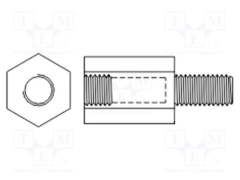 227X12OF Screwed spacer sleeve; 12mm; Int.thread: M4; Ext.thread: M4 ...